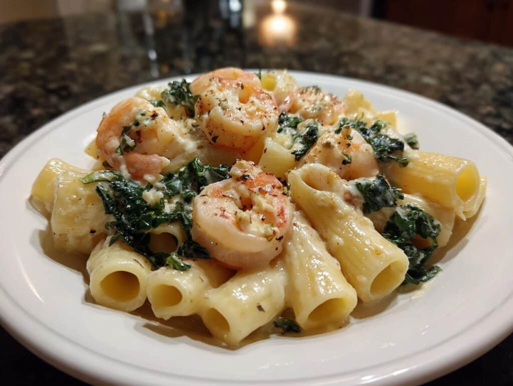 Creamy Shrimp and Kale Rigatoni Alfredo in Just 25 Minutes